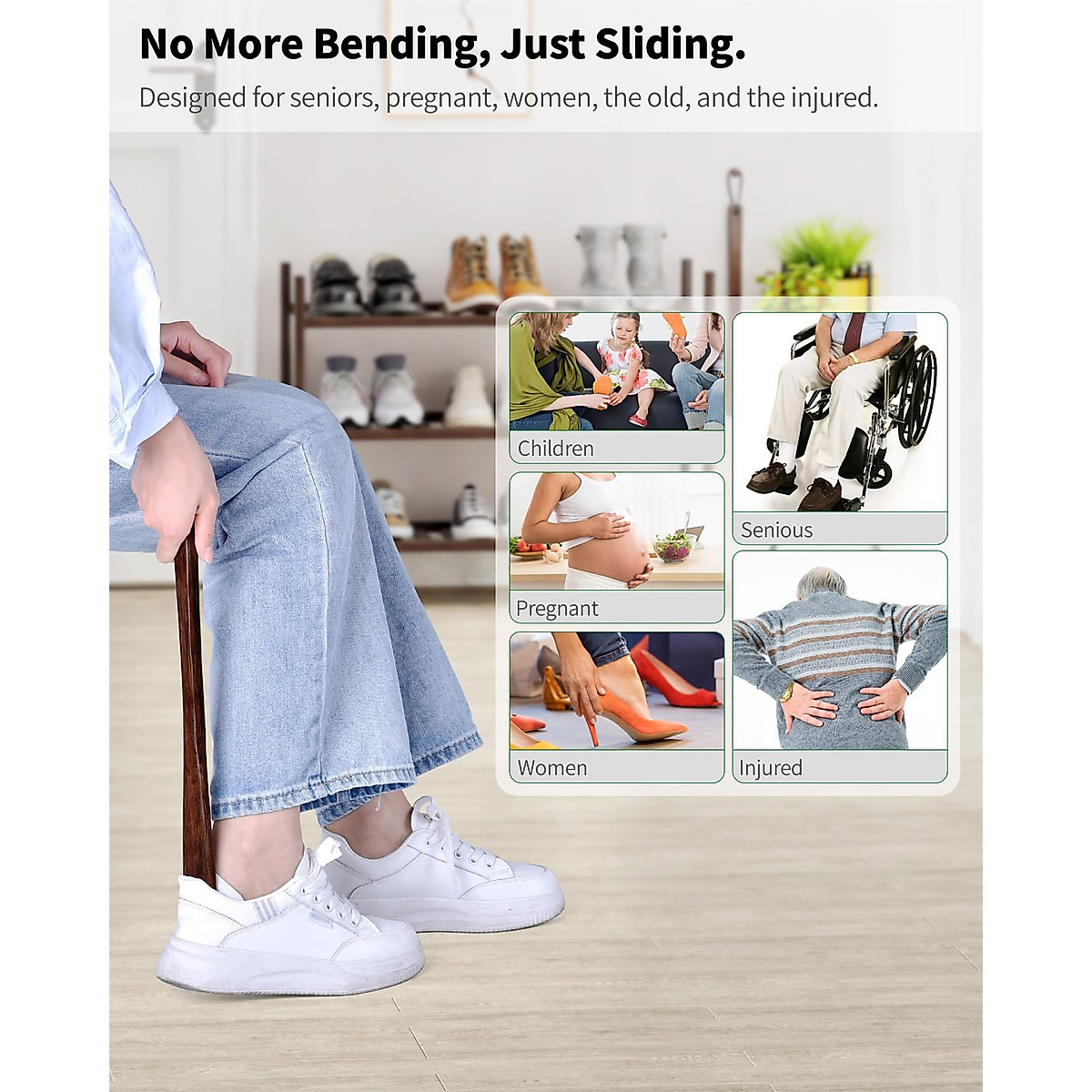 VOPOG Shoe Rack, 2-Tier Bamboo Shoe Rack for Front Door Entrance with Shoe Horn, Stackable Shoe Rack Organizer Shoe Shelf for Entryway, Hallway, Bathroom, and Closet Shoe Organizer - Brown