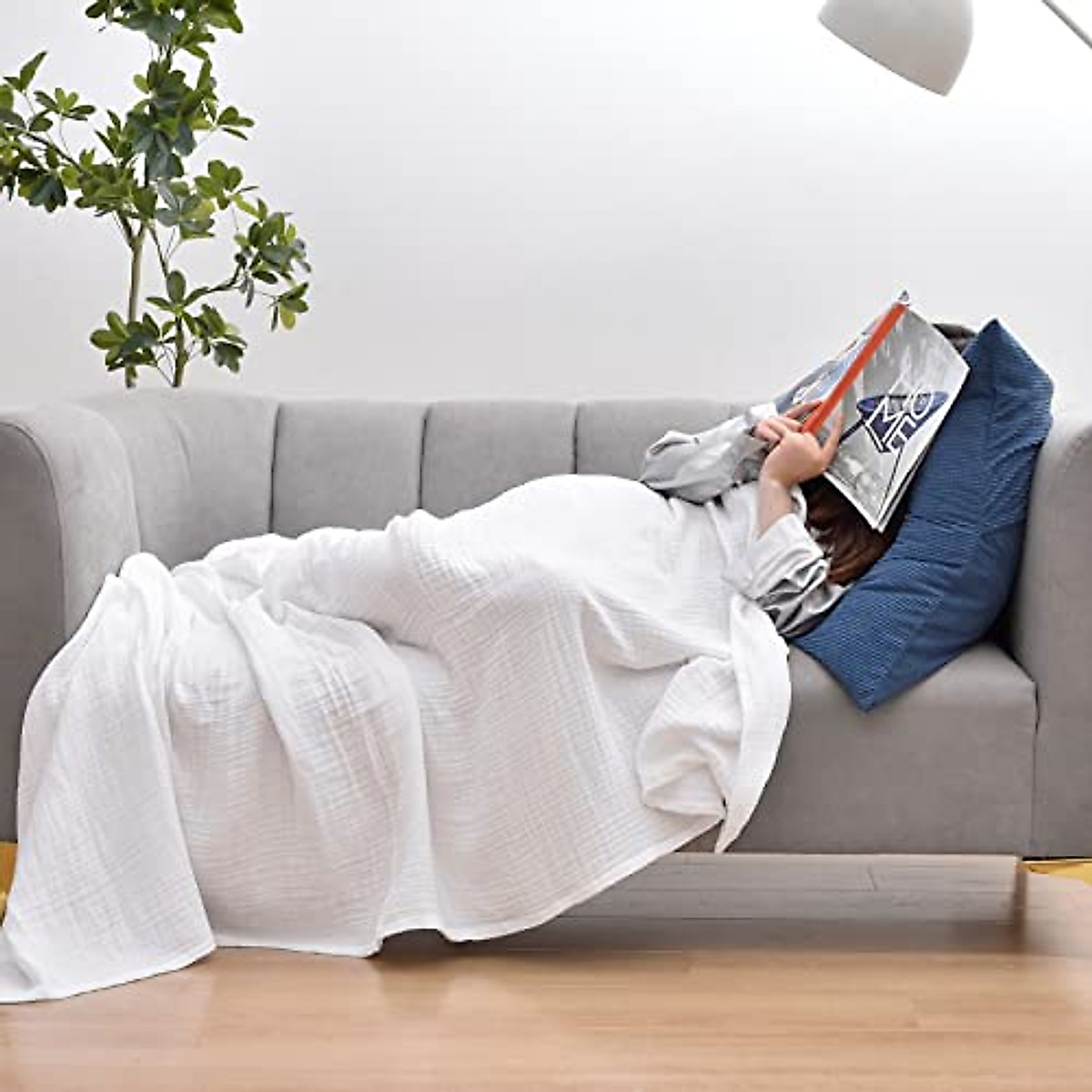 PHF 100% Cotton Muslin Blanket King Size 108" x 90", Lightweight and Breathable Blanket for All Season, Ultra Soft Blanket Layer for Couch Bed Sofa, Elegant Home Decoration White