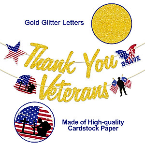 Veterans Day Banner, Thank You Veterans Glitter Letter Banner Cardstock Paper Garland Patriotic Party Decorations