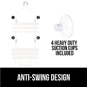 Gorilla Grip Anti-Swing Oversized Shower Caddy, Rust Resistant Organizer, Holds 11 lbs, Strong Suction Cups, Hooks, Easy Hanging Bathtub Shampoo and Accessories Caddies for Showerhead, 3 Shelf, White