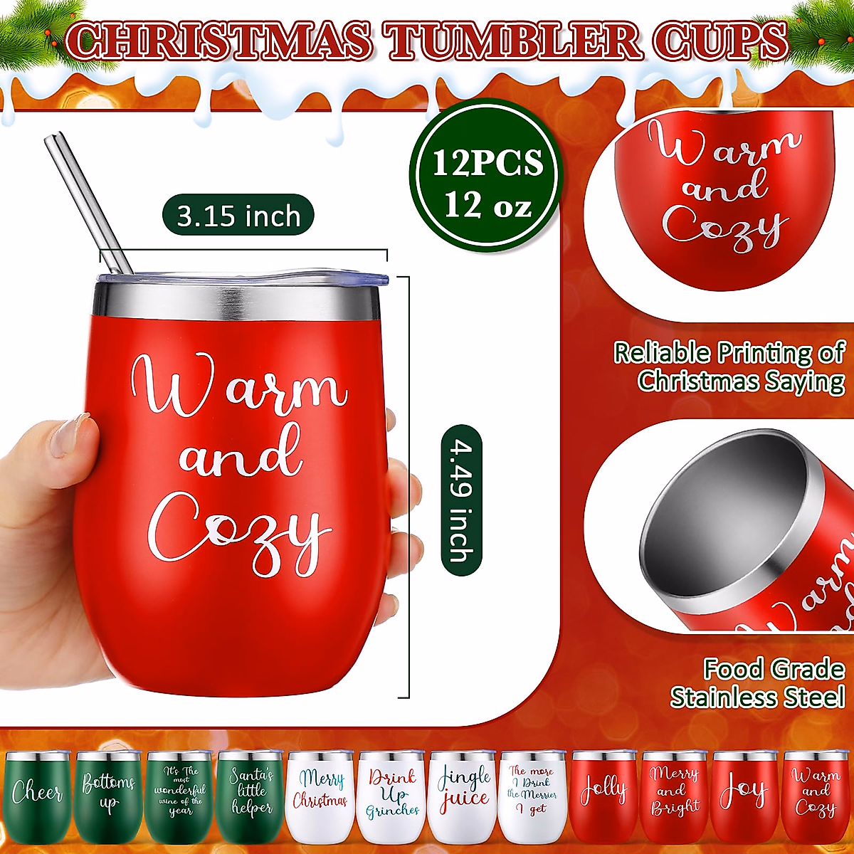 Ziliny 12 Pcs Christmas Wine Tumbler Set, 12 Oz Stainless Steel Double Wall Vacuum Insulated Coffee Mug Stemless Xmas Wine Glasses With Lid Straw Brushes for Women Friends Men Travel Gifts (Texts)