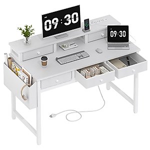 Lufeiya White Computer Desk with Fabric Drawers for Home Office, 40 inch Vanity Makeup Desk with Drawers Storage for Bedroom, Writing Study Table with Power Outlet & Monitor Stand, White