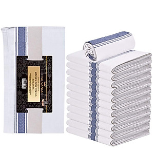 TALVANIA Kitchen Dish Towels 100% Cotton White Flour Sack Tea Cloth with Blue Herringbone Stripe, Pack of 12 Perfect Classic Dish Towel 15” x 25” Dishcloths for Bars Kitchens Counters etc.