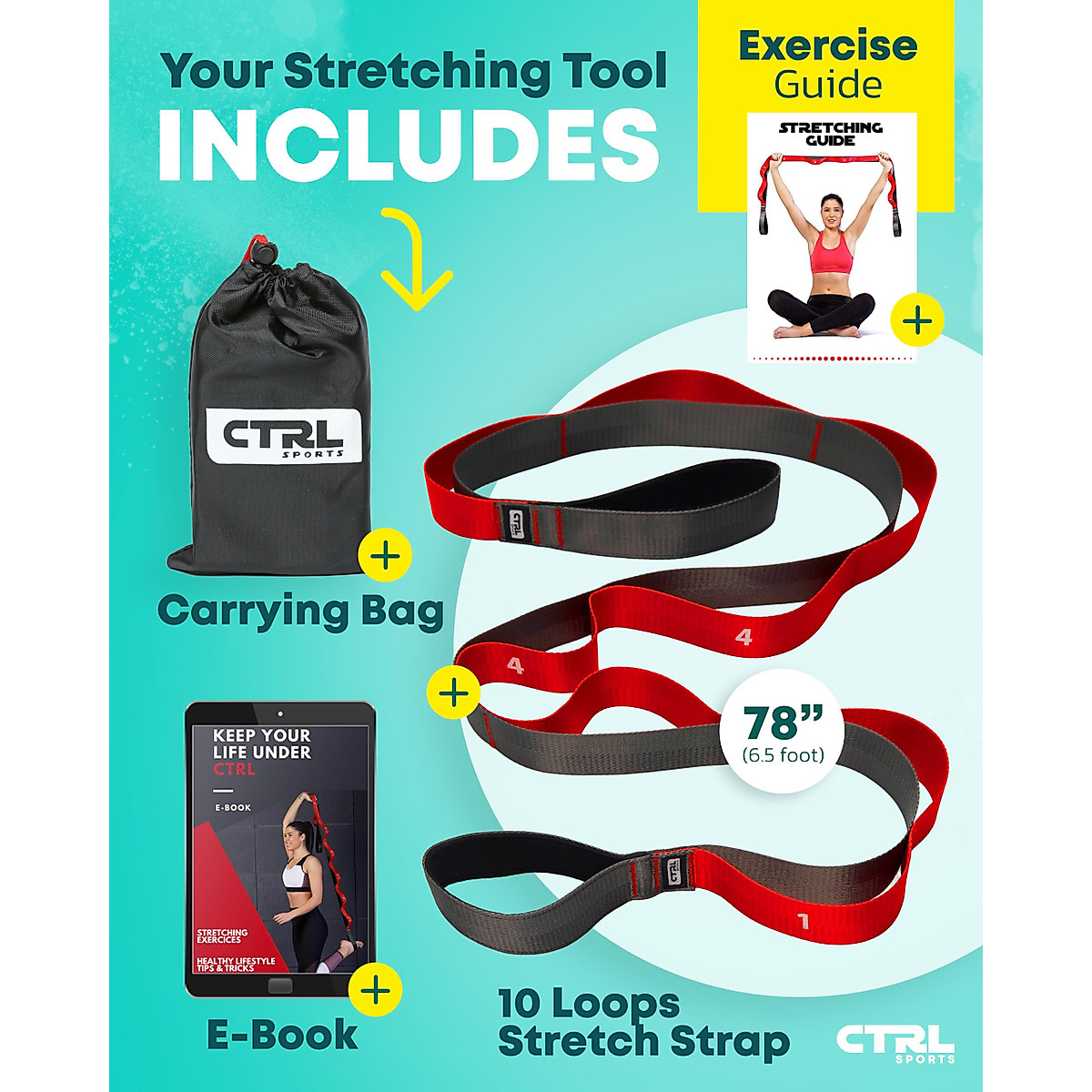 Stretching Strap with Loops - Non Elastic Stretch Band for Physical Therapy, Yoga Strap for Stretching Equipment, Stretch Bands for Exercise and Flexibility - Fascia, Hamstring and Leg Stretcher Belt