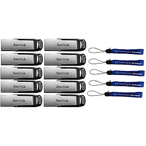 SanDisk 256GB Ultra Flair USB 3.0 Flash Drive (10 Pack) High Speed Memory Pen Drive (SDCZ73-256G-G46) Bundle with 5 Everything But Stromboli Lanyards