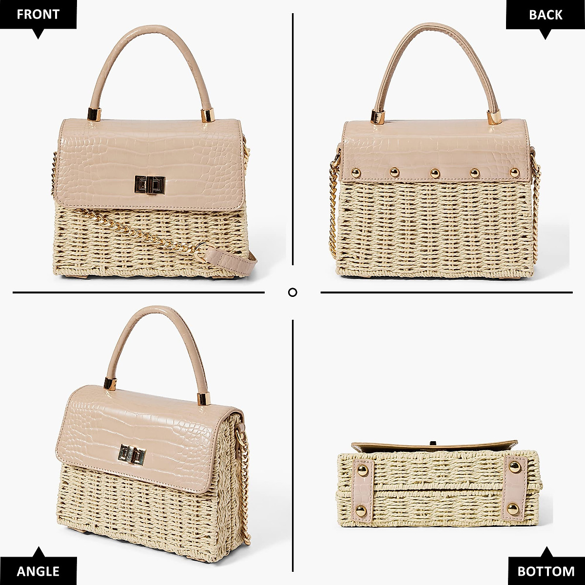 Like Dreams Women Hand-woven Straw Crossbody Faux Croc Vegan Leather Upper Floral Inner Summer Crossbody (Taupe)