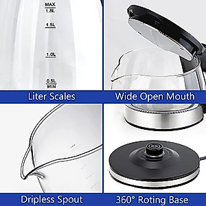 RAINBEAN Electric Kettle Water Boiler, 1.8L Electric Tea Kettle, Wide Opening Hot Water Boiler with LED Light, Auto Shut-Off & Boil Dry Protection, Glass Black