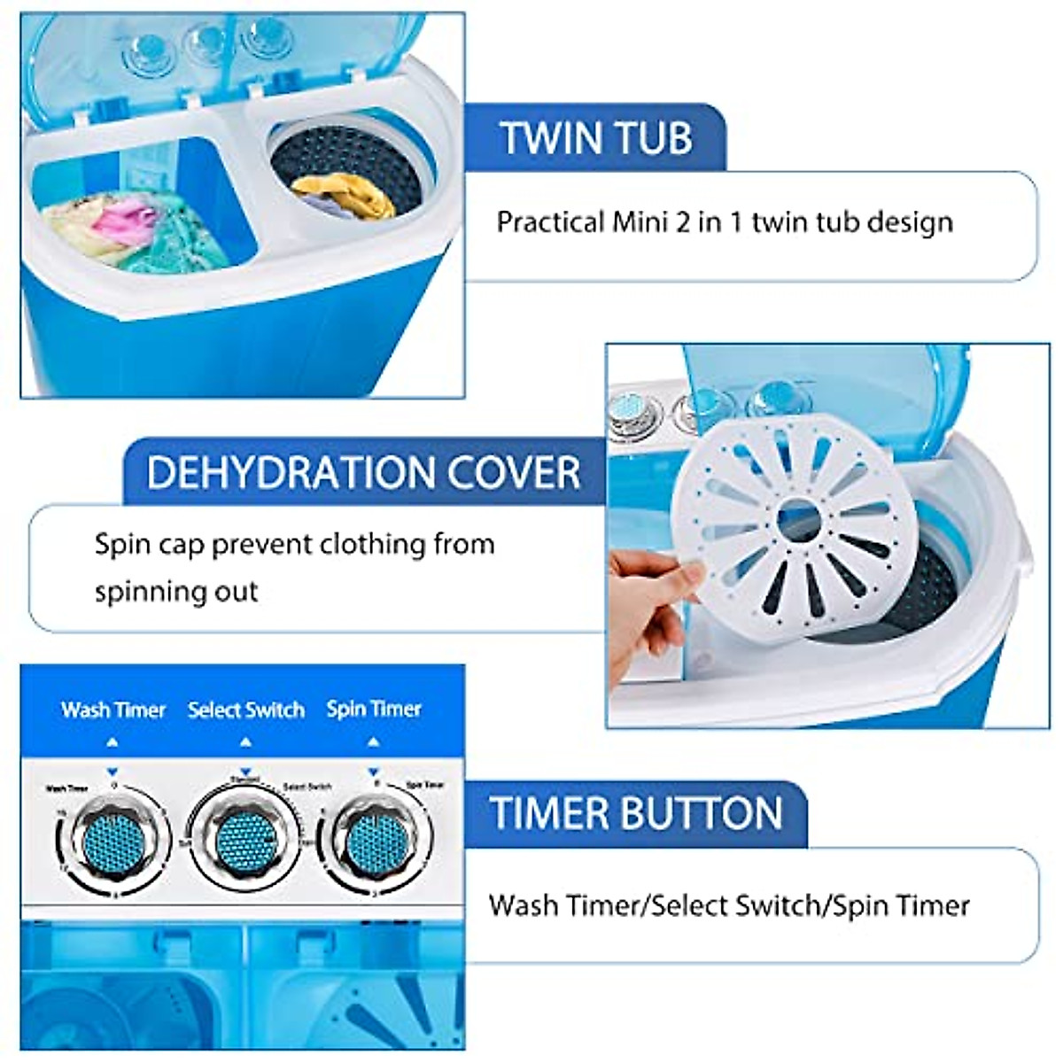 ZenStyle Portable Washer Compact Twin Tub 9.9 LB Mini Top Load Washing Machine Washer/Spinner w/ 6.57 FT Inlet Hose
