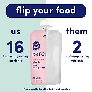 Cerebelly Baby Food Pouches – Spinach Apple Sweet Potato (4 oz, Pack of 6) - Toddler Snacks - 16 Brain-supporting Nutrients from Superfoods - Healthy Snacks, Gluten-Free, Non-GMO, No Added Sugar