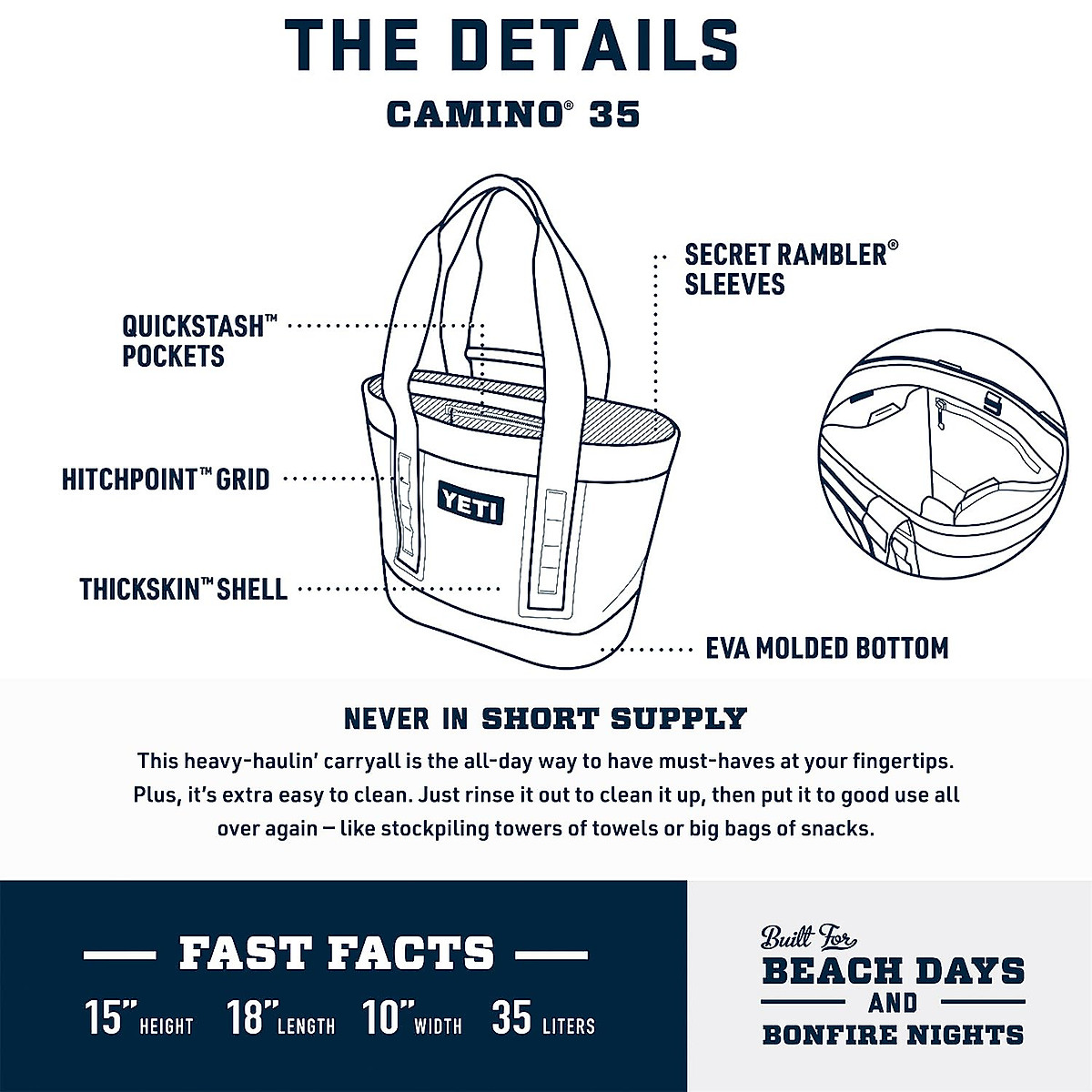 YETI Camino 35 Carryall with Internal Dividers, All-Purpose Utility, Boat and Beach Tote Bag, Durable, Waterproof, Storm Gray