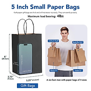 GSSUSA 100Pcs Black Paper Bags, 5.25x3.75x8 Small Gift Bags, Paper Bags with Handles Bulk, Bags for Small Business, Sturdy Kraft Paper Bags, Retail Shopping Bags, Party Favor Bags, Birthday Gift Bags