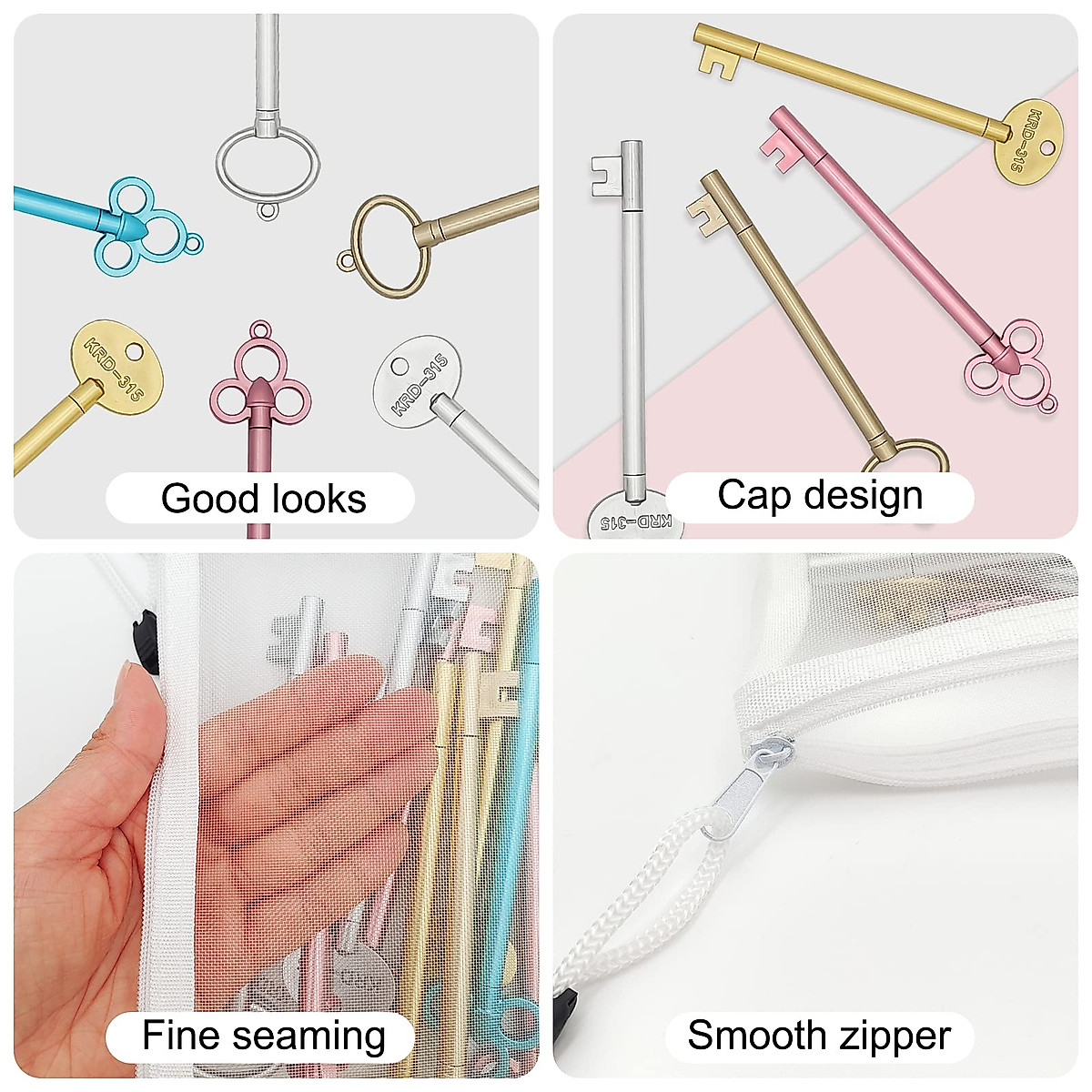 30 Pieces Cute Key Shape Pen Vintage Key Gel Ink Pens Mini Fancy Novelty Pens Retro Black Fine Ballpoint Point Pen with Mesh Pencil Bag Zipper Pouch for Office Stationary School Party Supplies