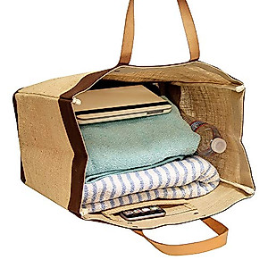 Preferred Nation Kona Jute Tote (Set of 2), Burlap with Leather Handles, Extra Wide for Grocery, Shopping, Beach, Outting Tote, Eco Friendly Brown