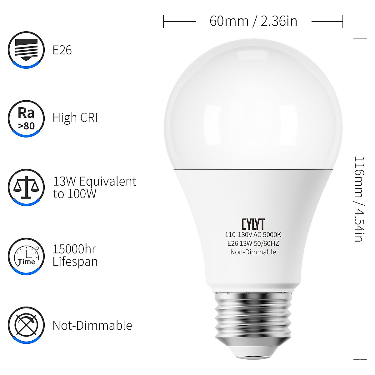 CYLYT 100W Equivalent Bright LED Light Bulbs, Daylight White 5000K A19 Lightbulbs, Focos LED para Casa, for Kitchen Bedroom Indoor, 1500 Lumens, E26 Standard Base, 4-Pack, Non-Dimmable