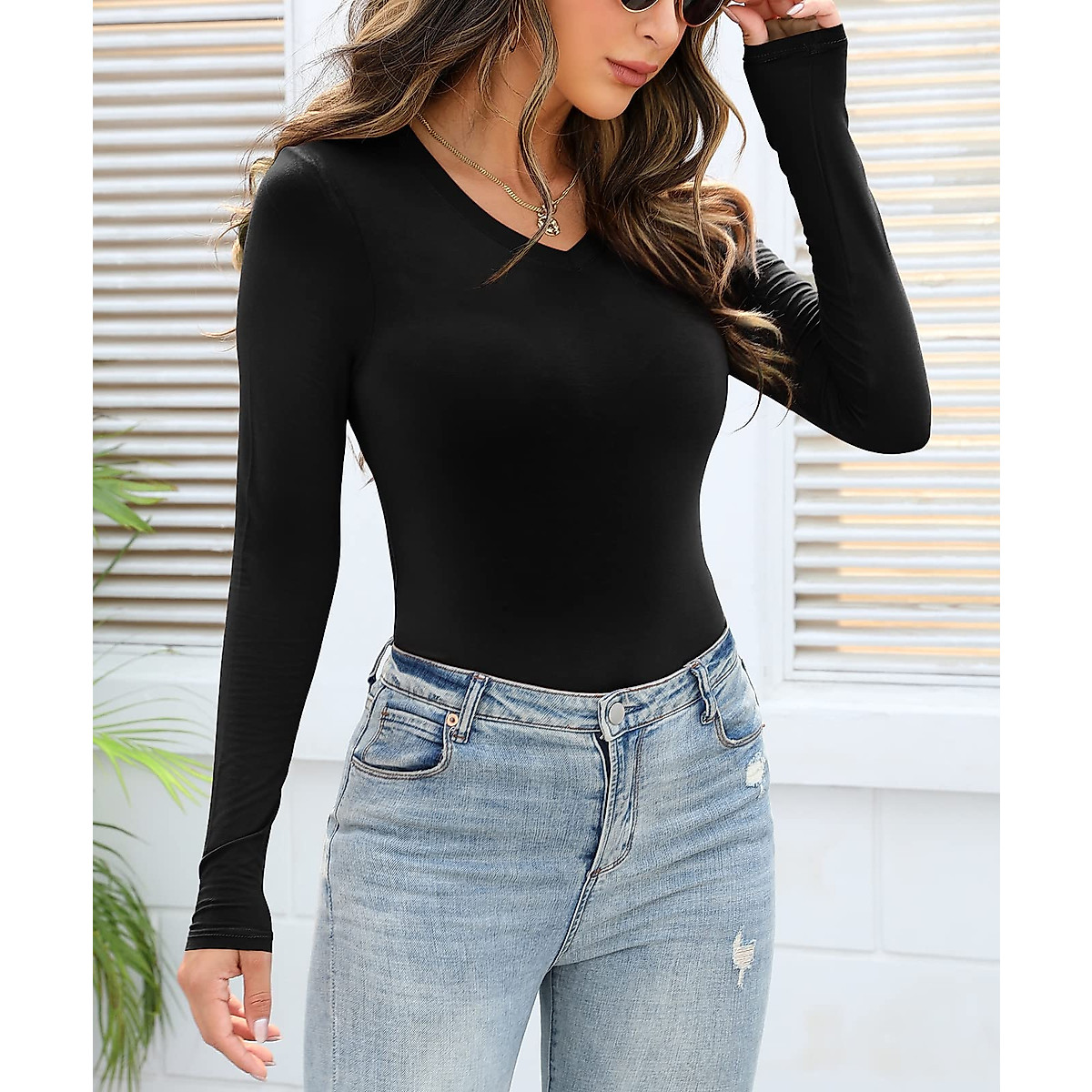 REVETRO Women's Long Sleeve V Neck T Shirt 2024 Fall Ribbed Knit Slim Fitted Casual Solid Color Basic Tee Tunic Tops Black Small…