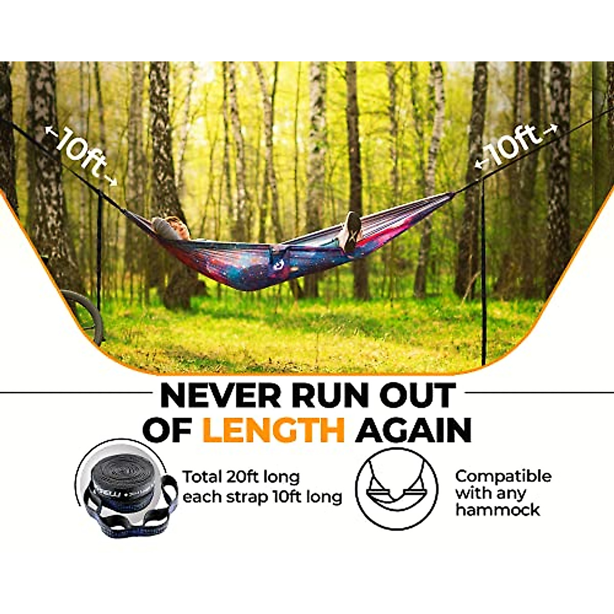 Foxelli Hammock Straps XL – Camping Hammock Tree Straps Set (2 Straps & Carrying Bag), 20 ft Long Combined, 40+2 Loops, 2000 LBS No-Stretch Heavy Duty Straps for Hammock Suspension System Kit