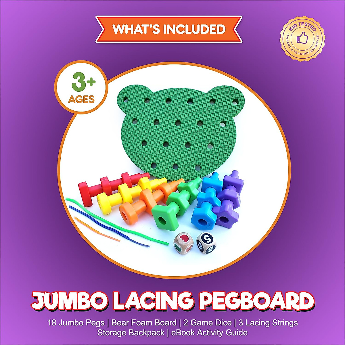 KIDS KORNER New & Improved Peg Board Stacking Toddler Toys Game Set - Lacing Fine Motor Skills for Ages 3 and Up - Matching Shapes with Pegs & Activity eBook