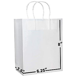 [100 Bags] 6.25x3.5x8. Kraft Paper Gift Bags with Handles Bulks. Ideal for Shopping, Packaging, Retail, Party, Craft, Gifts, Wedding, Recycled, Business, Goody and Merchandise Bag (White)
