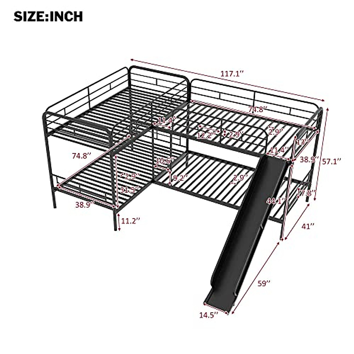 Tulib Twin Size L-Shaped Bunk Bed with Slide, Metal Bunkbed Frame w/Ladder & Safety Guardrail for 4, Bedroom, Home, No Spring Box Needed, Black
