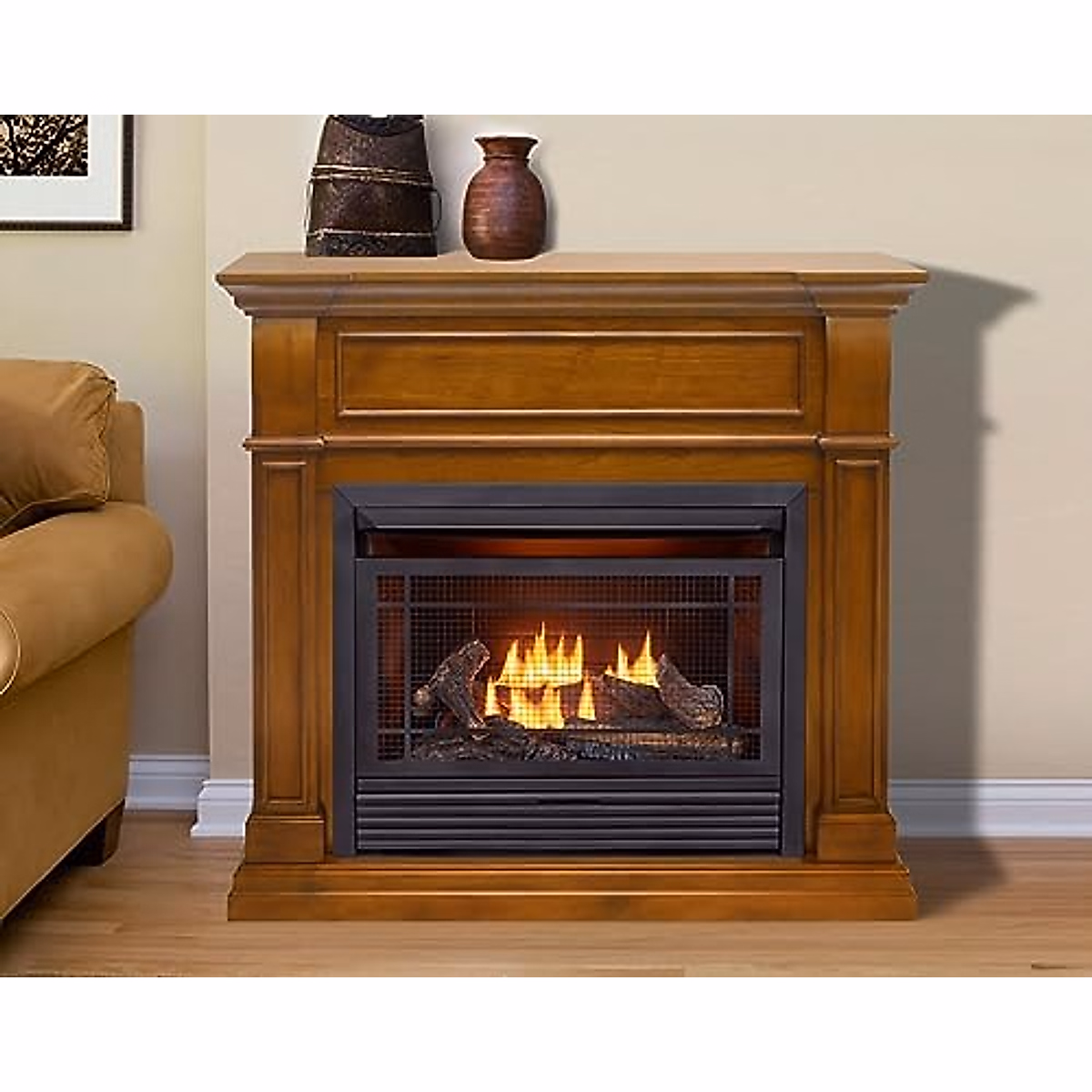 Duluth Forge Dual Fuel Ventless Gas Fireplace System with Mantle, Remote Control, 5 Fire Logs, Use with Natural Gas or Liquid Propane, 26000 BTU, Heats up to 1350 Sq. Ft., Apple Spice