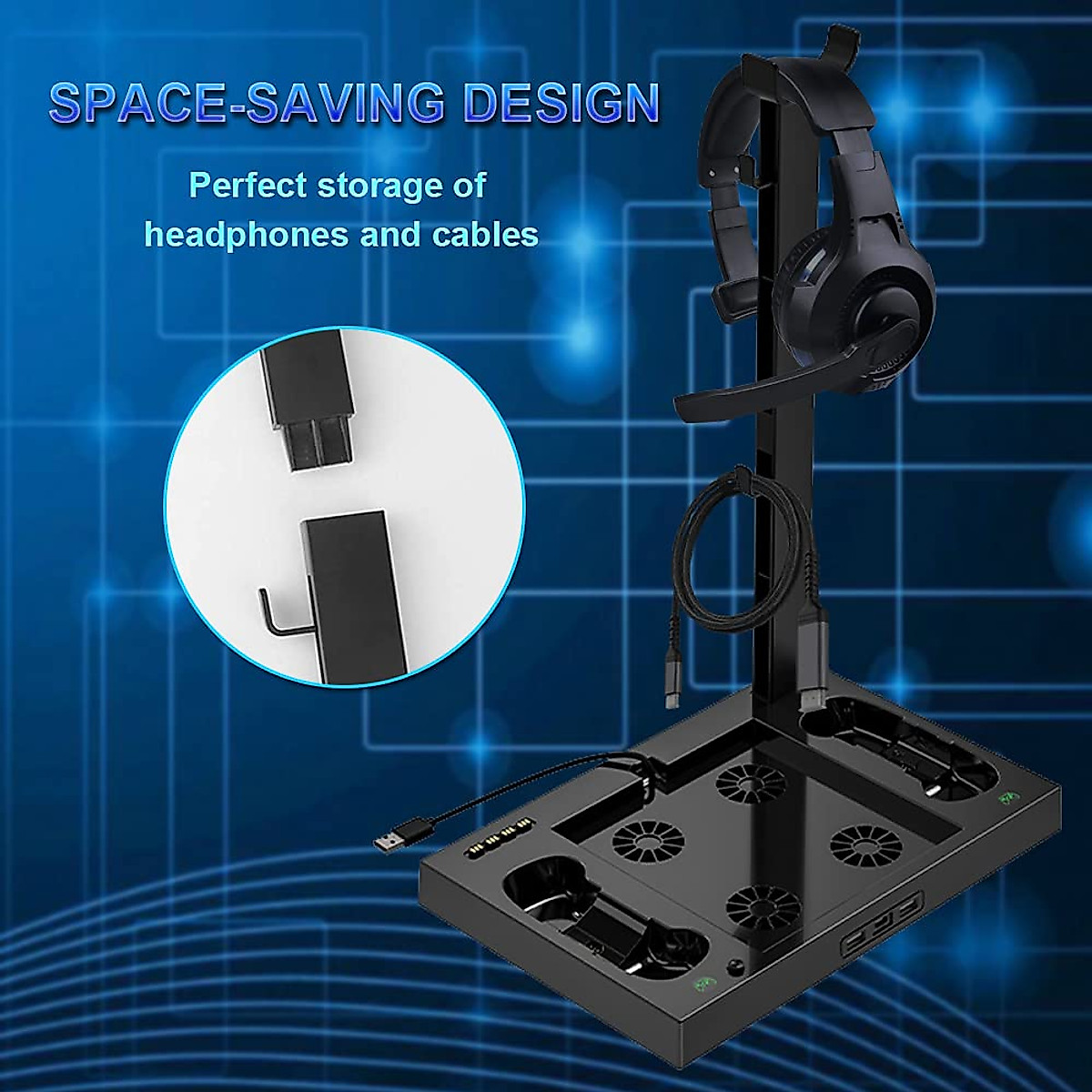 Megadream Xbox Series X Stand with Fan, Dual Controller Charging Dock Station with 4 Cooling Fan, 1 Headphone Holder, 2 Pack 1400mAh Rechargeable Batteries for Xbox Series X Console, Black