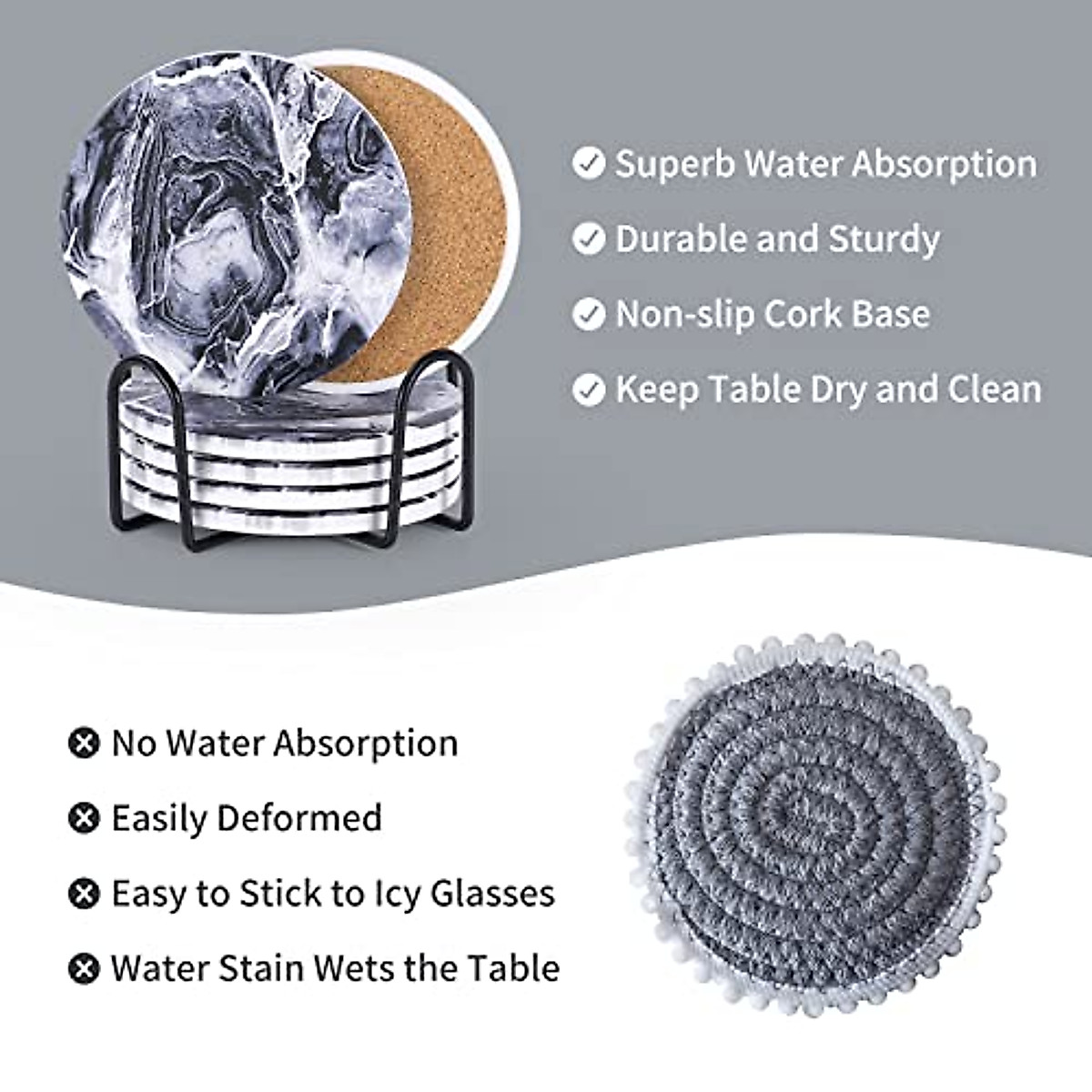 Coasters with Holder, Absorbent Coasters by DSNDVES, Set of 6 Ceramic Coasters, Marble Style Drink Coasters with Cork Base, Bar Coasters, Round Stone Coasters Black Ink Painting