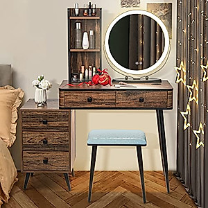 CHARMAID Vanity Table Set with 3-Color Dimmable Lighted Mirror, Human Body Induction, Side Cabinet, 2 Drawers, Storage Shelves, Dressing Table Makeup Desk with Stool for Girls Women (Rustic Brown)