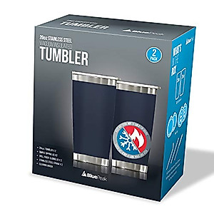 BluePeak Double Wall Stainless Steel Insulated Tumbler Set, 2-Pack, Includes Sipping Lids, Spill-Proof Sliding Lids, Straws, Cleaning Brush & Gift Box (20oz, Navy)