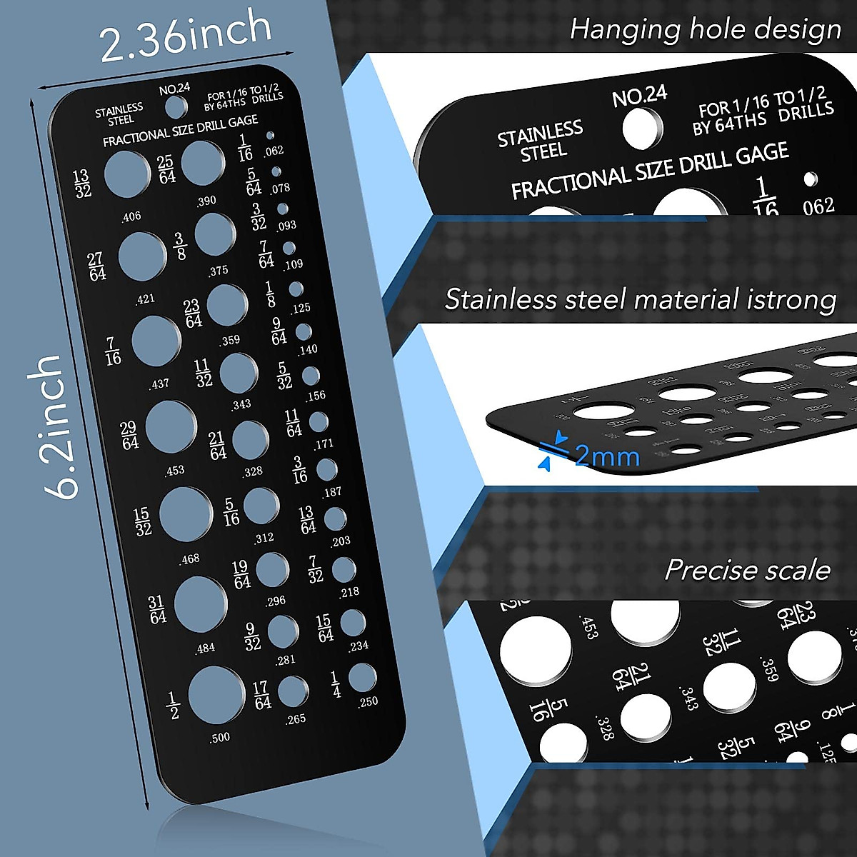 2 Pieces 24 Fractional Drill Bit Size Gauge Drill Bit Gauge Stainless Steel Drill Gauge 29 Holes Metal Drill Size Gauge Tool for 1/16 Inch to 1/2 Inch Size Bits Measurement (Black)
