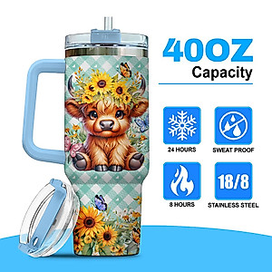 99OWL Highland Cow Gifts, For Cups Butterfly Tumblers Women Yellow Handle Coffee, Tumbler 40 Oz With Handle Lid And Straw, Cute Highland Cow Sunflower
