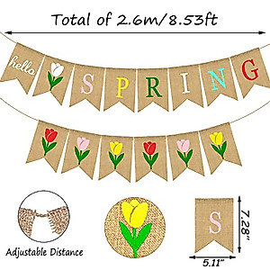 Doumeny Hello Spring Burlap Banner Colorful Spring Bunting Banner Jute Tulip Flower Bunting Garland Spring Theme Party Banner with Flower for Mantle Fireplace Wall Door Party Spring Break Celebration