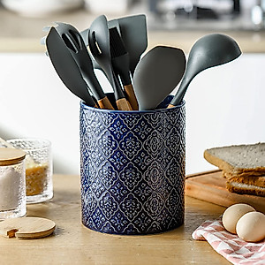 KOOV Kitchen Utensil Holder, Large Utensil Holders for Countertop, 6 x 7 Inches Ceramic Utensil Crock, Deep and Stable, Cooking Utensil Holder, Embossed Pattern (BLue)