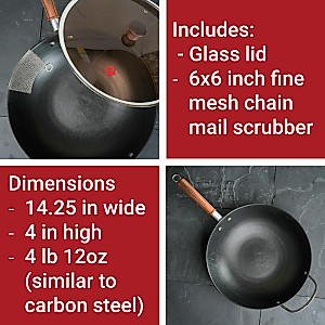 Nomware premium 14-inch lightweight cast iron wok (includes glass lid and chain mail scrubber)