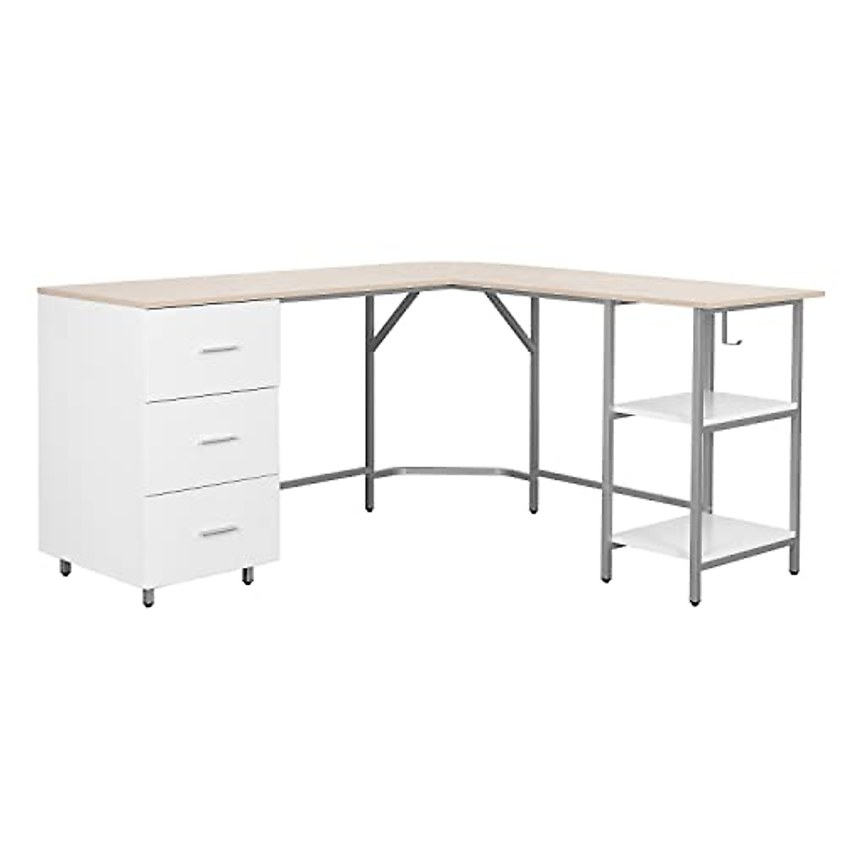 Techni Mobili L Shaped Desk - Two-Toned Computer Desk with Drawers & Storage Shelves - Simple Modern Furniture & Home Office Space Corner Table for Work & Writing