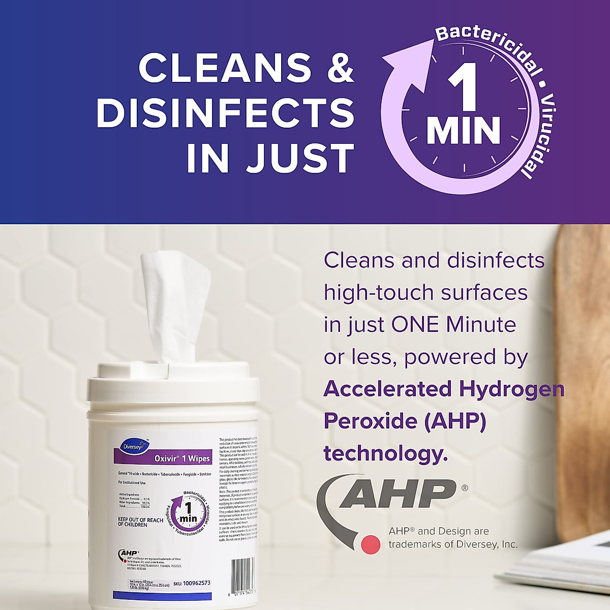 Diversey Oxivir 1 100962573 Disinfectant Wipes, Virucidal, Bactericidal, Tuberculocidal, Fungicide with Accelerated Hydrogen Peroxide, 60 Large 10"x10" Wipes, 1-Canister