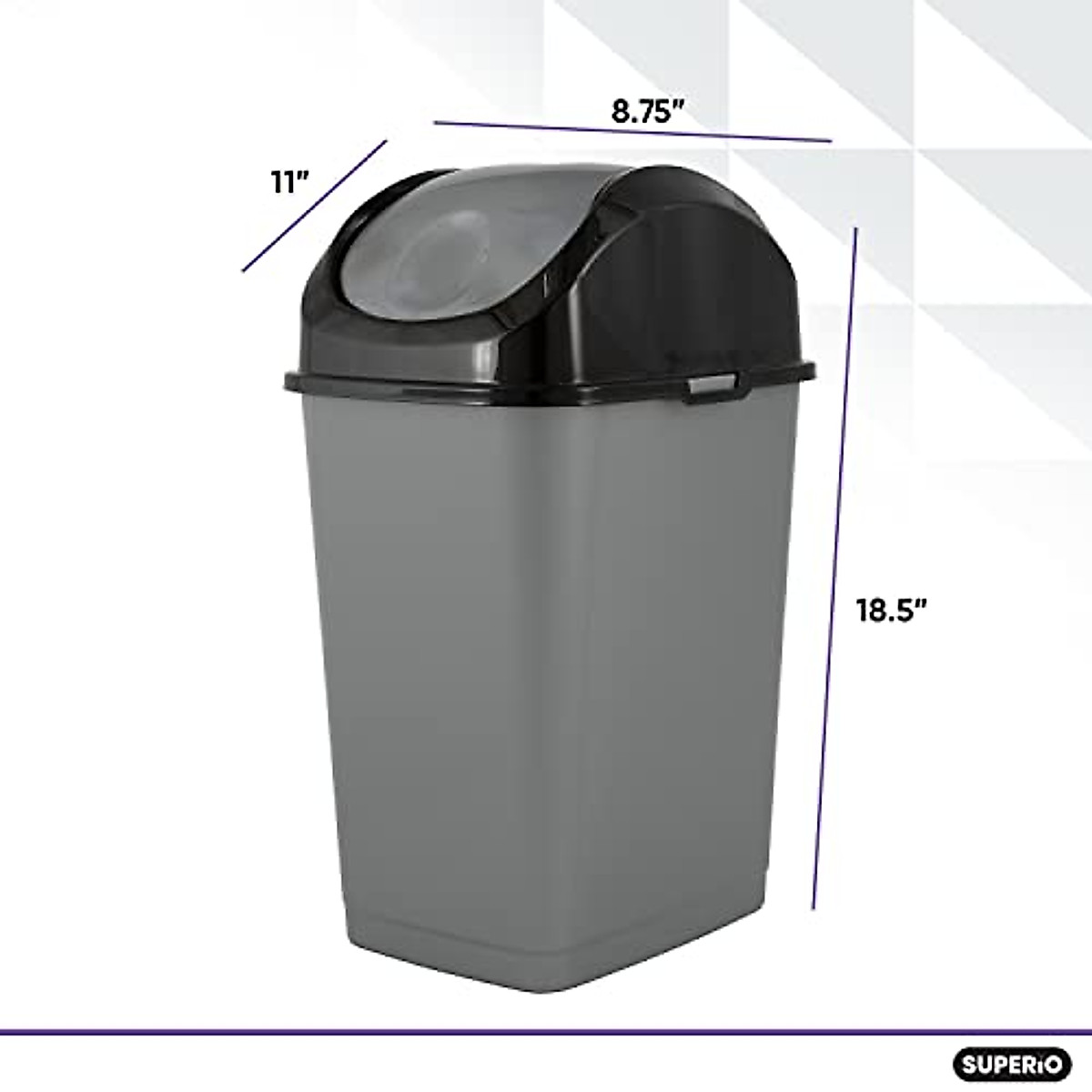 Small Swing Top Trash Can with Lid, 4.5 Gallon Plastic Trash Can, 2 Pack Compact Garbage Can, Wastebasket with Swing Top Lid, Waste Bin for Home, Kitchen, Office, Bedroom, Bathroom -18 Qt (Grey/Black)