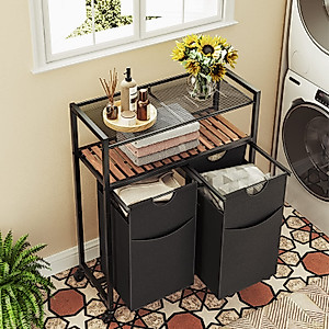 YATINEY Laundry Hamper with Wheels, Laundry Sorter 2 Section, Rolling Laundry Basket, 2 Pull-Out and Removable Laundry Bags, for Laundry Room, Badroom, Rustic Brown LS22BR