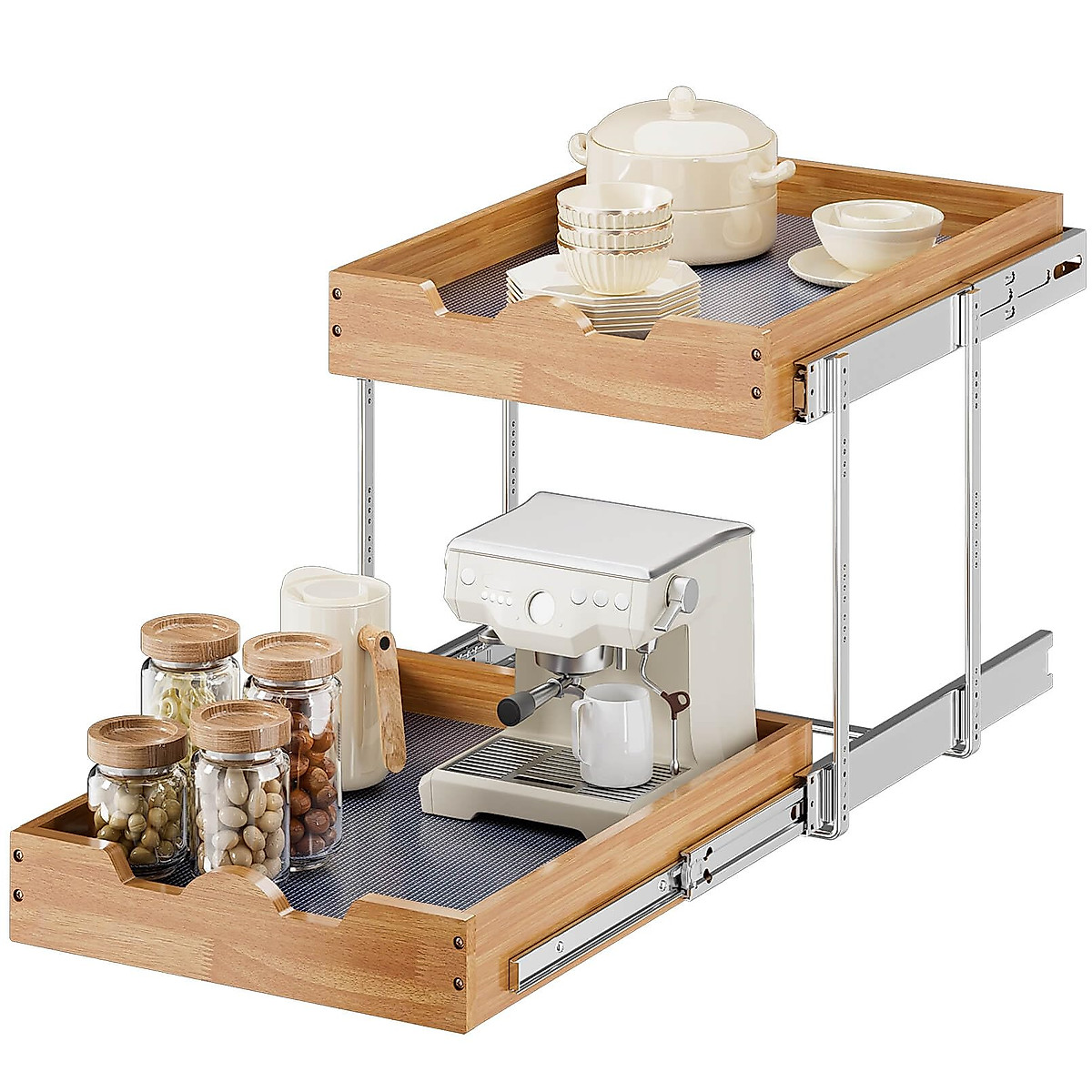 OCG 2 Tier Pull Out Cabinet Organizer (20" W x 21" D), Heavy-Duty Slide out Wood Drawer Shelf, Pull Out Drawer for Cabinets, Base Cabinet Organization for Kitchen, Pantry, Bathroom