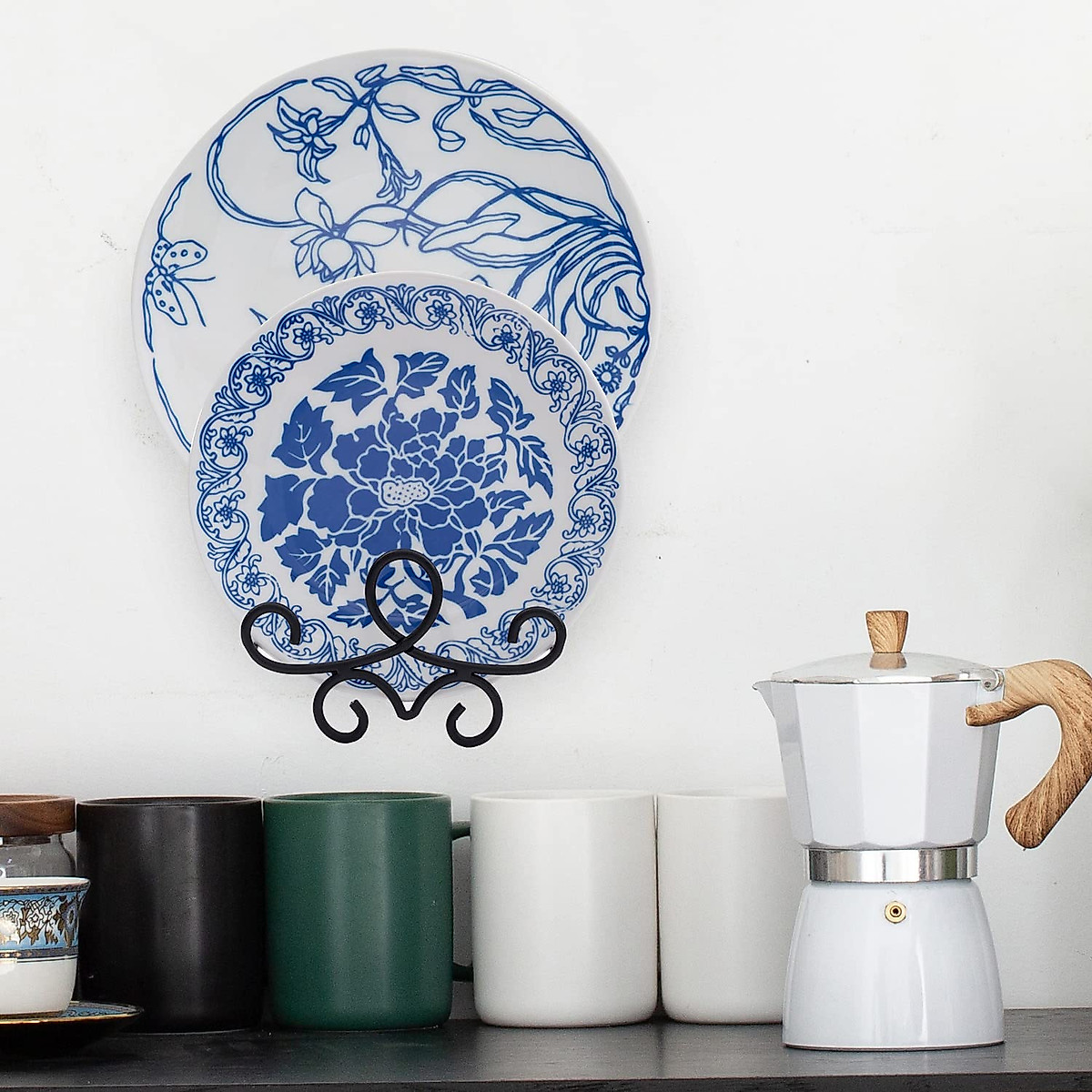 Vintage Scrollwork Black Metal Wall Plate Holder - 2 Tier Display Shelf