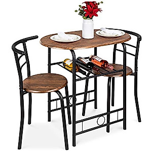 Best Choice Products 3-Piece Wooden Round Table & Chair Set for Kitchen, Dining Room, Compact Space w/Steel Frame, Built-in Wine Rack - Black/Brown