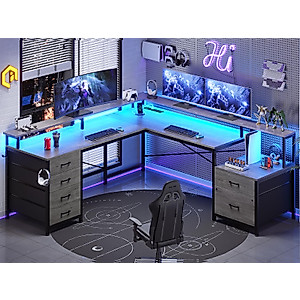 SEDETA L Shaped Desk with 6 Drawer, 108" Home Office Desk with File Drawer & Power Outlet, Corner Computer Desk with Monitor Shelf, Two Person Desk, Gaming Desk with Led Lights, Grey