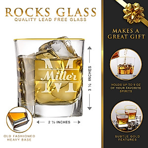 Custom Personalized 9 oz Square Rocks Whiskey Glass Tumbler with Heavy Base and Gold Color Rim