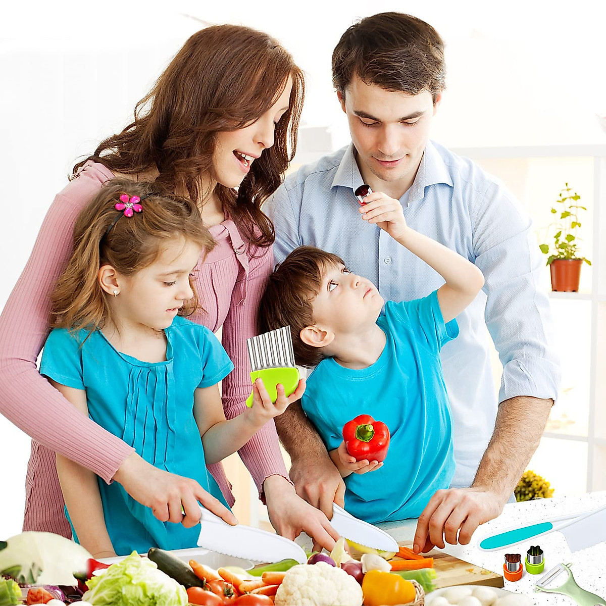 TAORISH 9 Pcs Kids Kitchen Knife Set, Kids Knives For Real Cooking With Cutting Board, Y Peeler, Crinkle Cutter, Sandwich Cutter, Serrated Edges Plastic Toddler Knife Kid Safe Knives