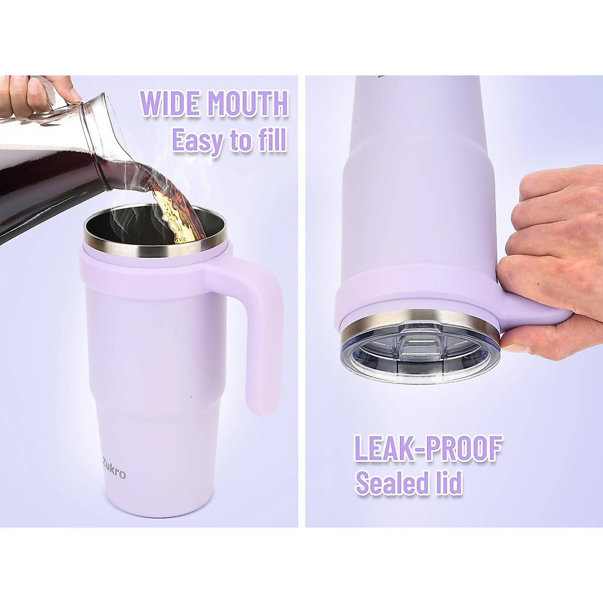 Zukro 24 oz Triple Insulated Tumbler with Handle - Leak Proof Stainless Steel Cup with Straw & Lid - No Sweat Double-wall Travel Mug for Hot and Cold Drinks - Dishwasher Safe, Cupholder Friendly