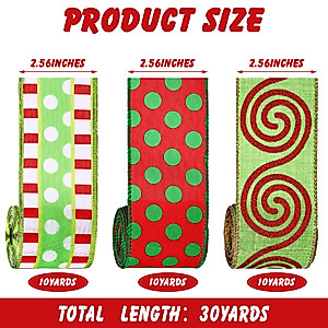 3 Rolls Christmas Wired Ribbon 30 Yard Red and Lime Green Christmas Wrapping Ribbon 2.56 in Wide Polka Dot Swirl Fabric Ribbons Xmas Decorative Ribbons for DIY Crafts Tree Ornaments