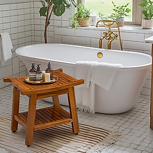 TEAKMAMA Shower Bench with Storage Shelf, Waterproof Teak Shower Chair for Inside Shower or Tub, Shower Stool for Elderly and Disabled, Shower Seat for Indoor and Outdoor