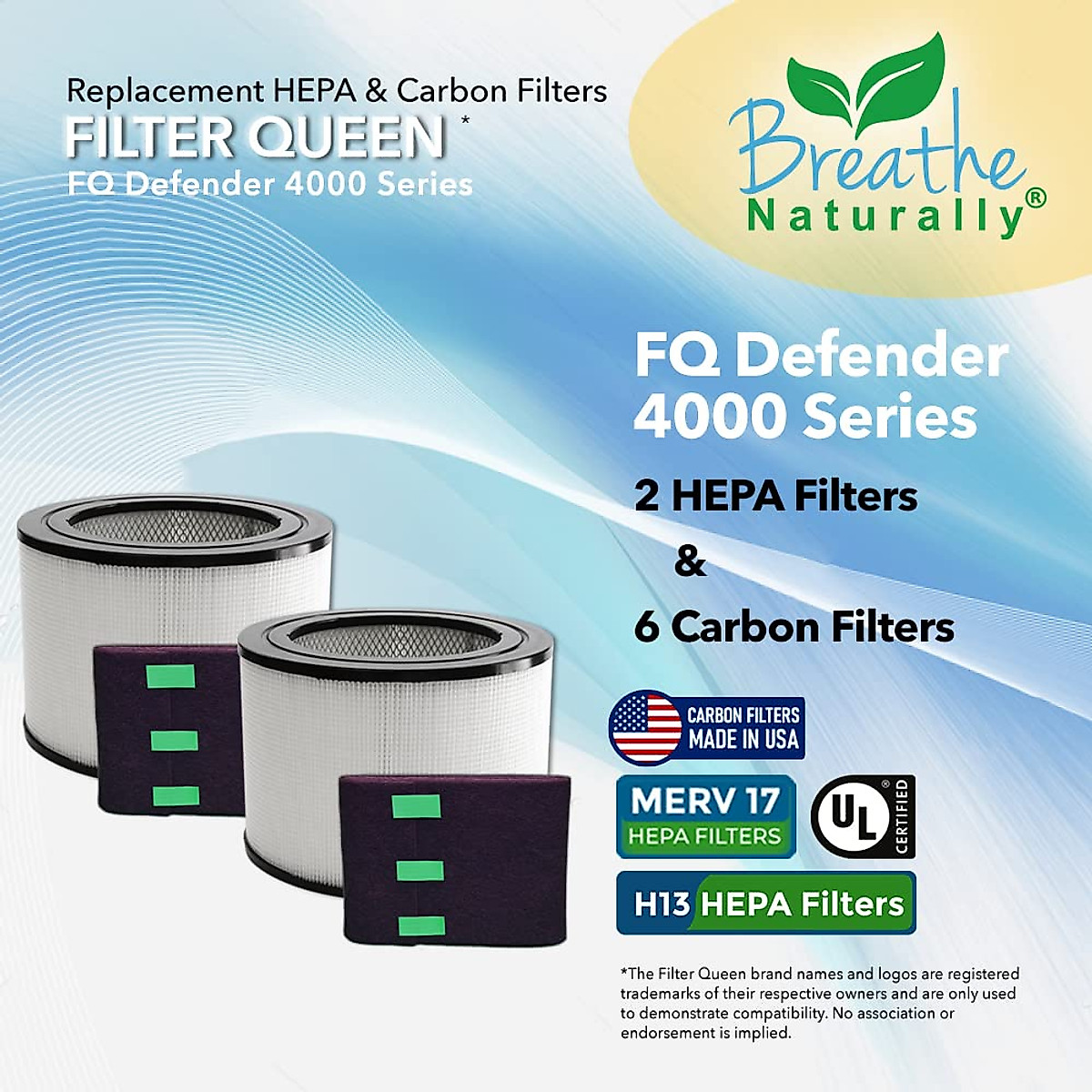 Replacement Hepa Filters + 6 Carbon Filters for Filter Queen Defender 4000 Series Air Purifiers (2 Hepa : 6 Carbon)