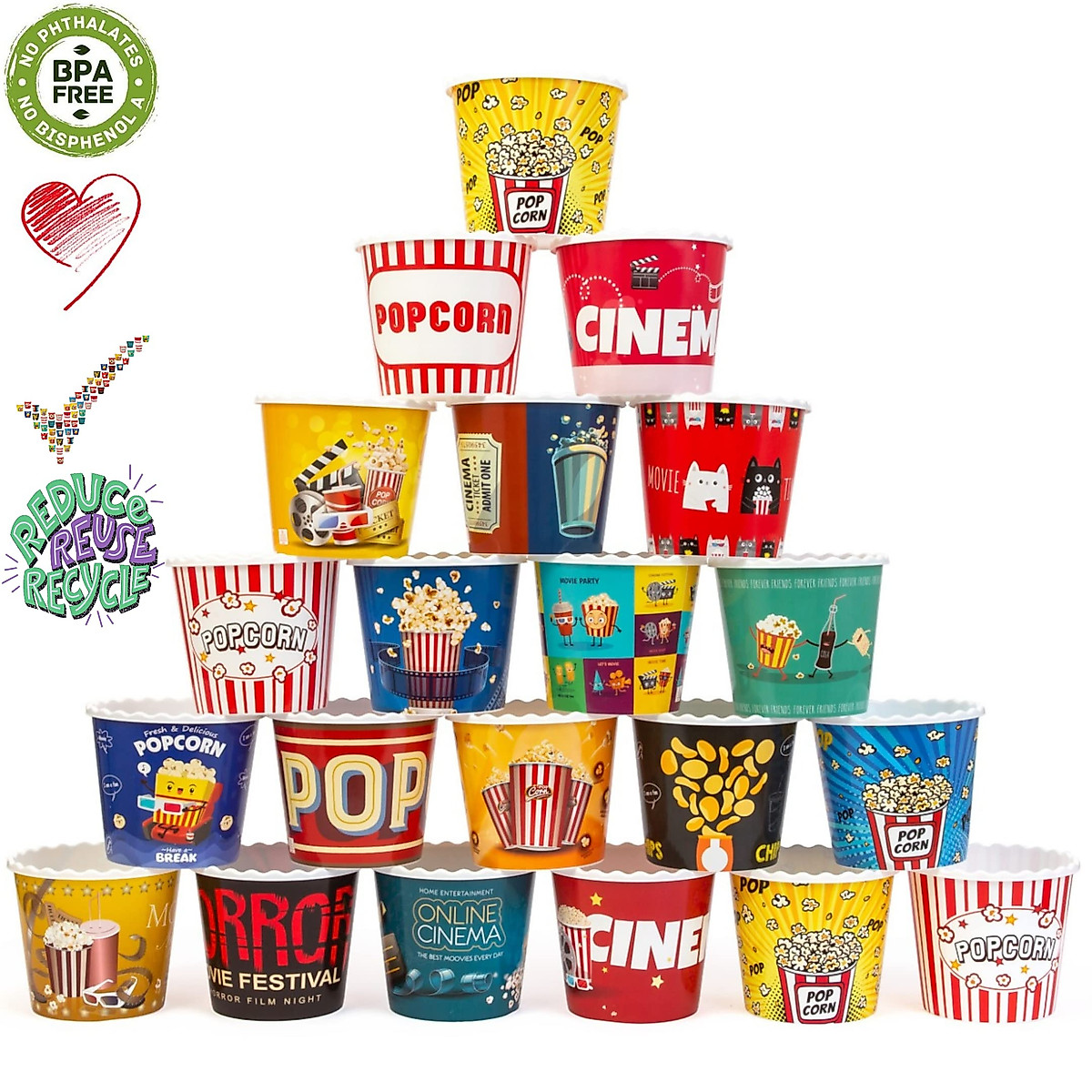 Retro Style Reusable Plastic Popcorn Containers/Popcorn Bowls Set for Movie Theater Night - Washable in The Dishwasher - (BPA Free-4 Pack) (Cinema)