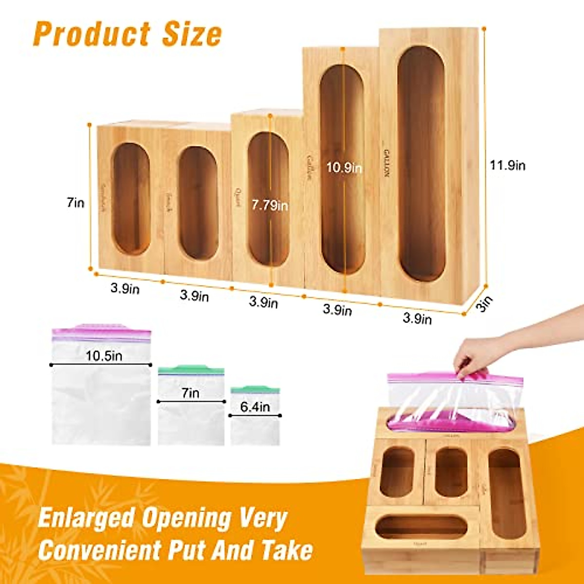 Bag Storage Organizer for Kitchen Drawer, Bamboo Organizer, Compatible with Ziplock Gallon, Quart, Sandwich and Snack Variety Size Bag (Parted)