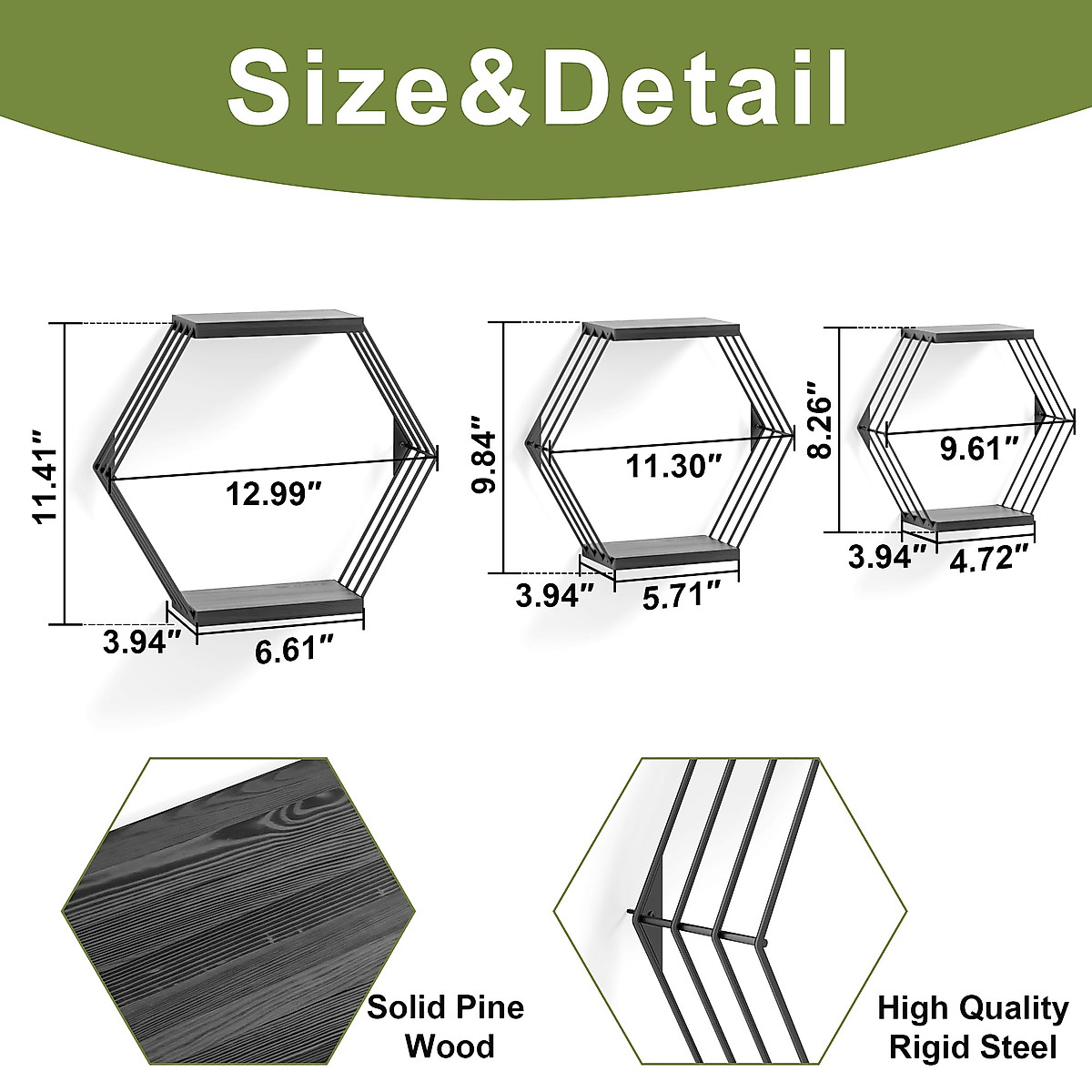 YEMNMFH Hexagon Floating Shelves for Wall Set of 3, Black Metal Wall Decor Honeycomb Shelves, Trinket Shelf, Natural Wood Decorative Floating Shelves for Bedroom, Living Room, Kitchen and Office